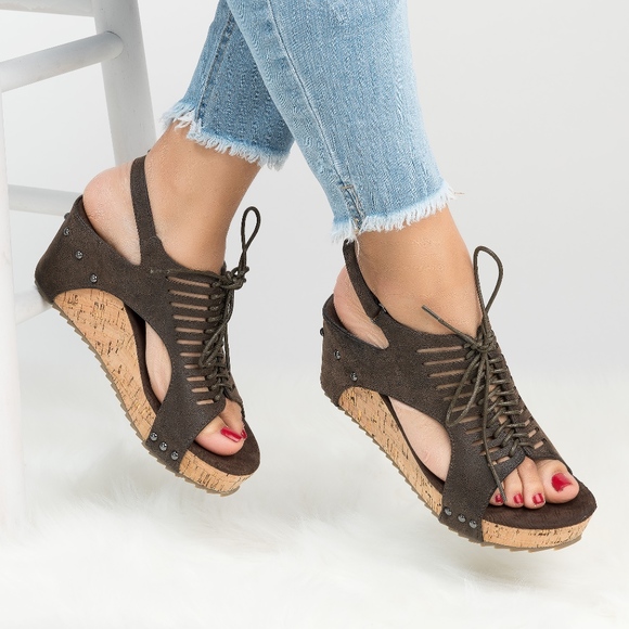 Pierre Dumas | Shoes | Faux Leather Brown Lace Up Wedge Sandals | Poshmark